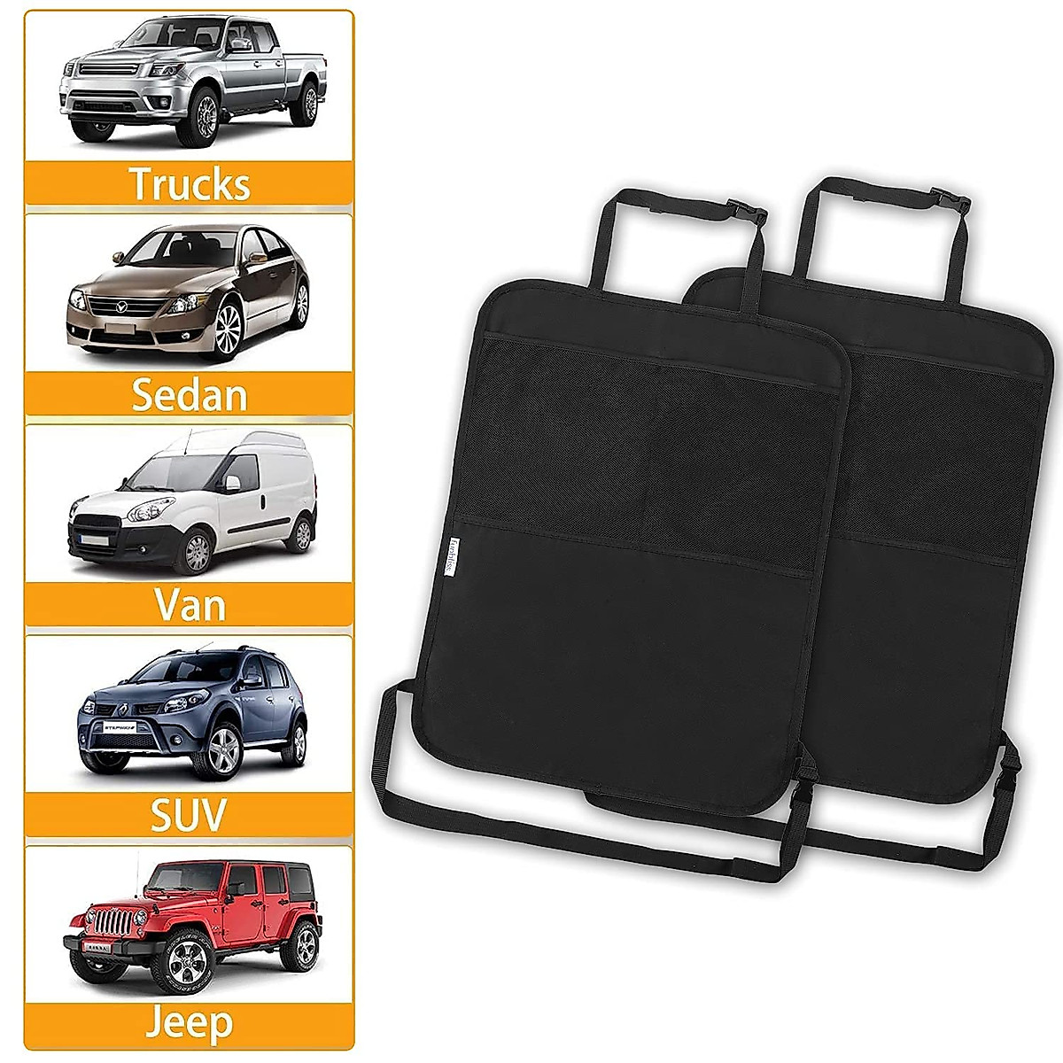 funbliss Duty Kick Mats(2 Pack),Back Seat Protector for Kids,Premium Waterproof Fabric, Reinforced Corners to Prevent Sag,2Reinforced Storage Pockets,Universal Fit,Black