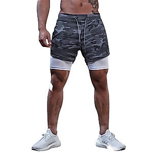 Surenow Mens Running Shorts，Workout Running Shorts for Men，2-in-1 Stealth Shorts，7-Inch Gym Yoga Outdoor Sports Shorts Camouflage Grey
