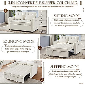 Velvet Pull Out Sleeper Sofa Bed, Convertible Futon Couch Bed with Adjustable Backrests, 3 in 1 Modern Loveseat with 2 Pockets and Pillows, Small Love Seat for Living Room, Guest Room, Off White