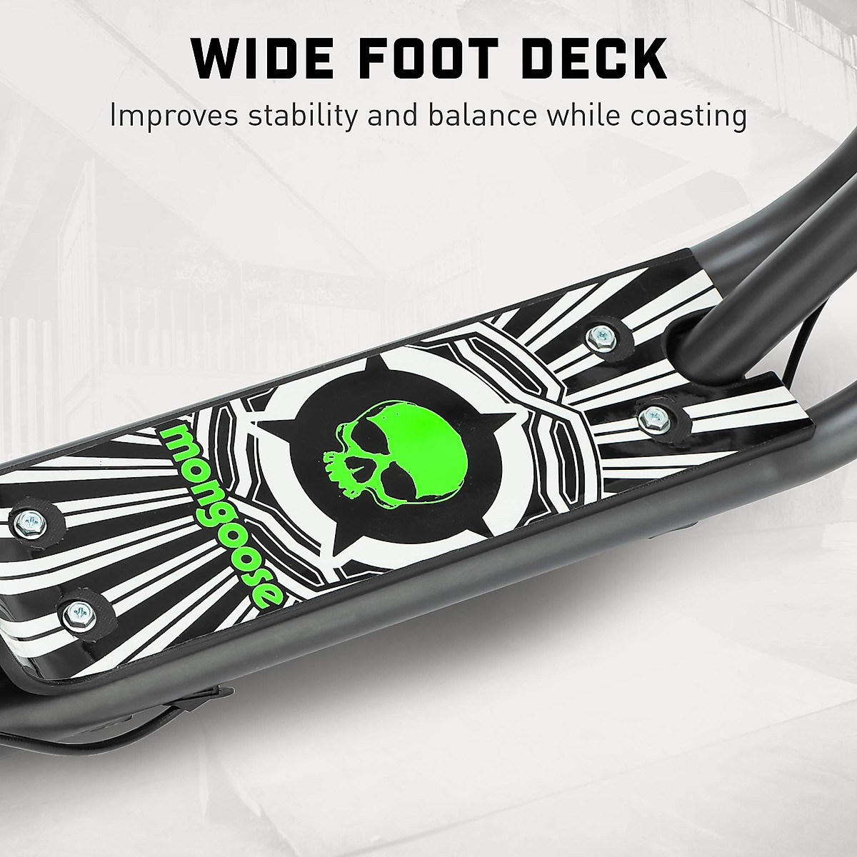 Mongoose Expo Kick Scooter, BMX-Style Handlebar & Brake Cable Rotor, For Riders Ages 6 and Up, Rear Axle Pegs, 12-Inch Air Tires, Max. Weight of 175 lbs., Green/Grey