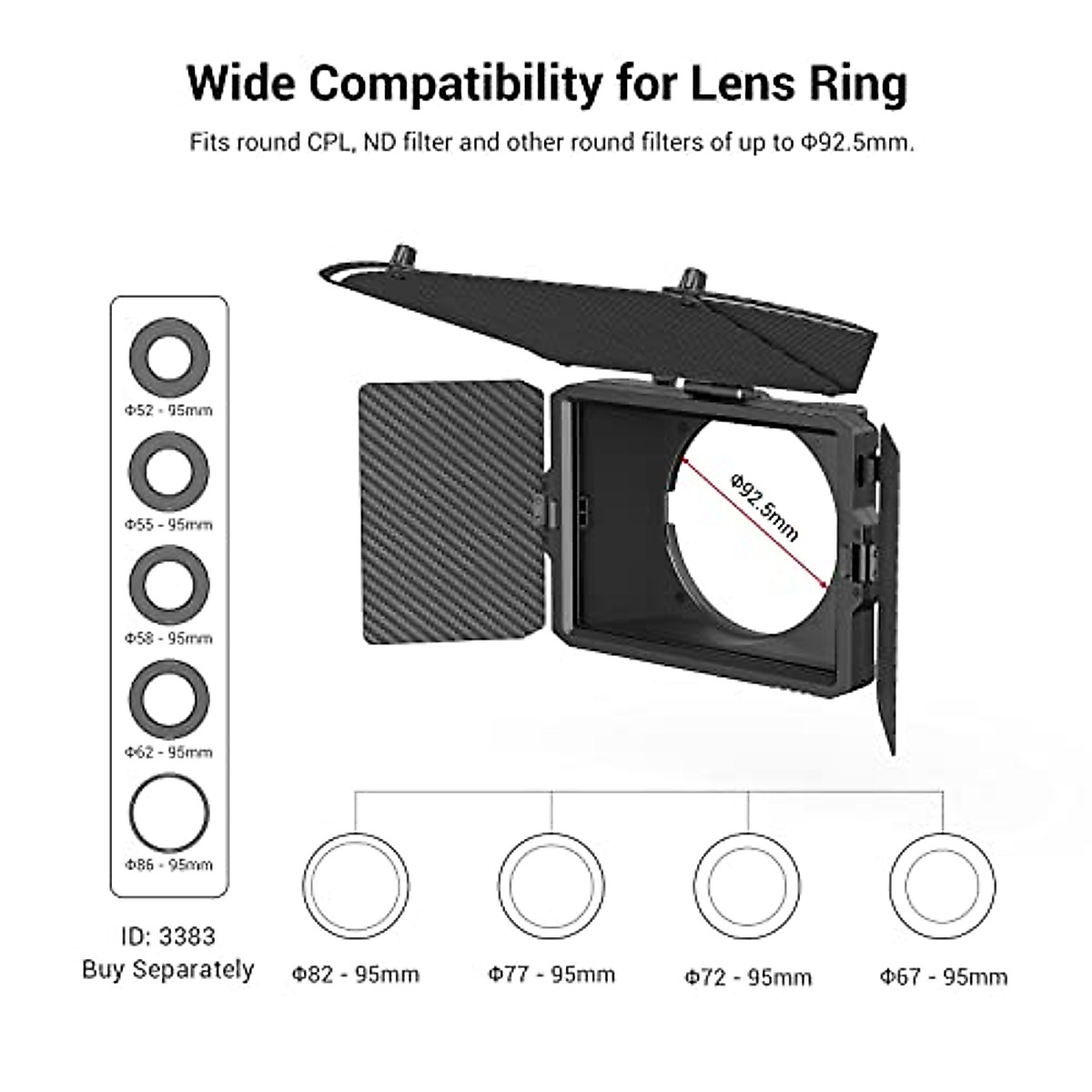 SMALLRIG Mini Matte Box Pro for Mirrorless DSLR Cameras, Come with 4 x 5.65 Filter Trays and 67mm/72mm/77mm/82mm-95mm Adapter Ring - 3680