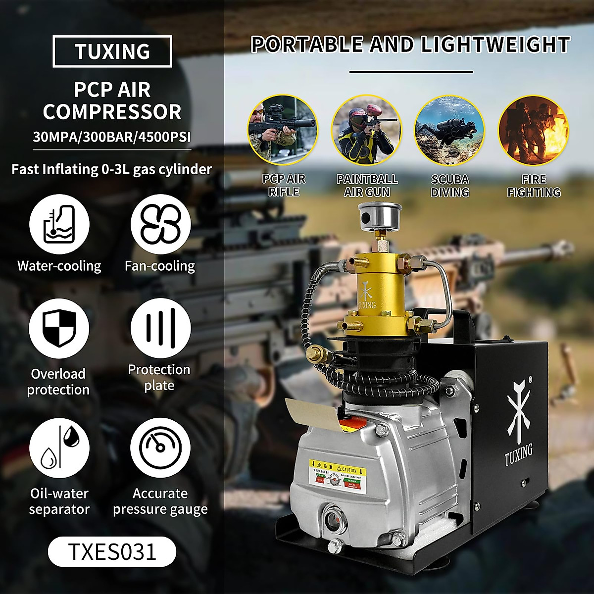 TUXING Pcp Air Compressor,4500Psi/30Mpa/300Bar Scuba Compressor, Manually Shutoff Electric Compressor with Water/Fan Dual Cooling System for Pcp Air Rifle, Scuba Tank Charging