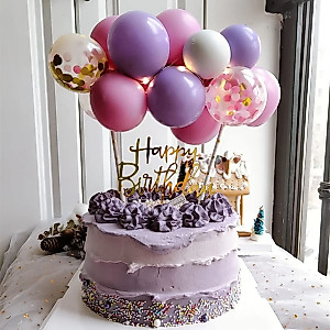 Balloons Cake Toppers, 14PCS Party Balloons and Happy Birthday Cards/Confetti Balloon Birthday Cake Supplies Decorations Set(Purple)