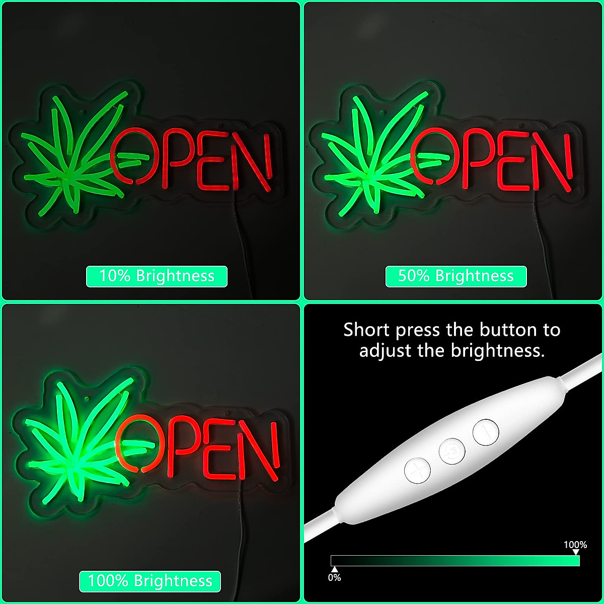 Moodlion Open Neon Sign, Neon Signs for Wall Decor, Dimmable Neon Green Leaf LED Signs for Bedroom Aesthetic, Light Up Neon Signs for Hotel Beer Bar Man Cave Club Pub Party Decorations