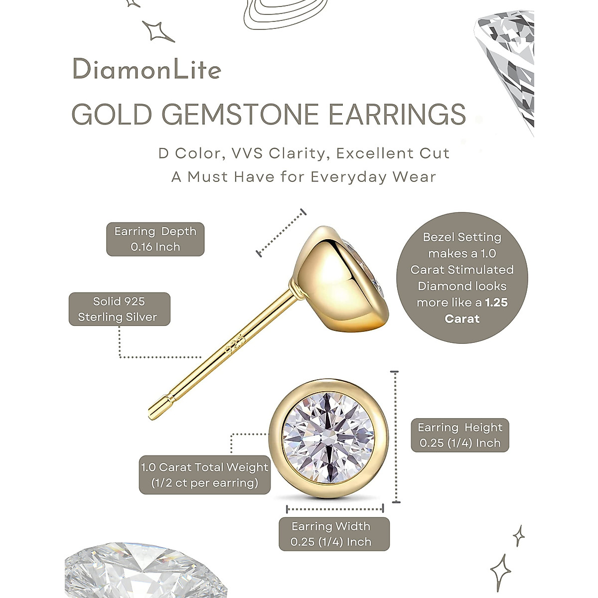 DiamonLite 1 Ct Round CZ 925 Sterling Silver Bezel Set Studs Earrings for Women and Men - Bezel Set CZ Earrings, 18K Gold Plated 925 Silver CZ Bezel Stud Earrings, Gold CZ Earrings for Women and Men