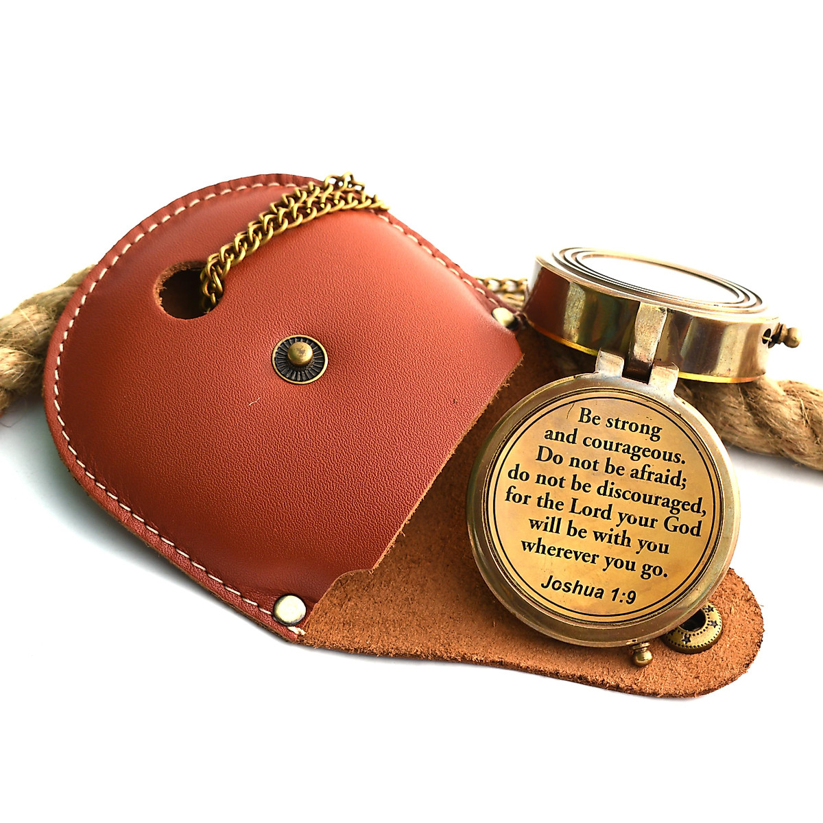 Be Strong and Courageous (Joshua 1:9) Brass Compass with wooden Box-Engraved Scripture Prayer Compass Religious Gift for Men & Women - Baptism, Confirmation, Communion Compass for Boys Graduation Gift