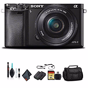 Sony Alpha a6000 Mirrorless Camera with 16-50mm Lens Black with Soft Bag, Tripod, Additional Battery, 64GB Memory Card, Card Reader, Plus Essential Accessories