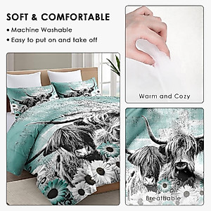 WeCozy Comforter Set Queen Size with 2 Pillowcases, Highland Cow Animal 3 Pcs Bedding Set for Kids and Adults, Buffalo Bull Farm Daisy Soft Comforter Set for Bedroom Bed Decor