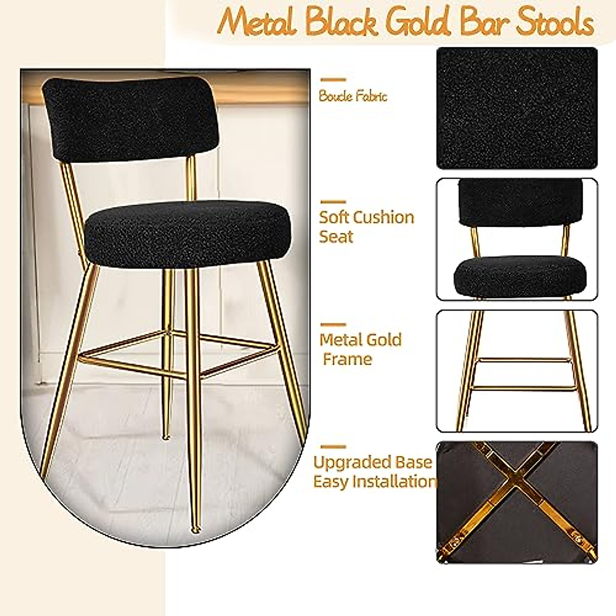 Sucrever 24” Boucle Bar Stools Set of 6, Counter Height Bar Stools with Back, Sherpa Barstools with Golden Metal Legs/Footrest, Black Boucle Bar Chairs Bar Stools for Kitchen Island, Dining Room