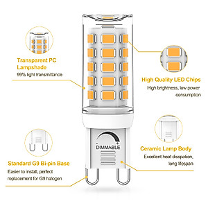 YUIIP G9 LED Bulb Dimmable, 4W, 40W Halogen Equivalent, 3000K Warm White, AC 120V G9 Bi Pin Base Light Bulbs, 380LM, No Flicker, 360° Beam Angle, Pack of 6