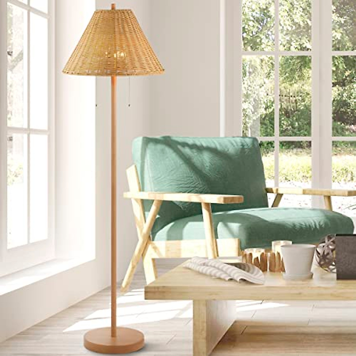 JONATHAN Y JYL3092A Nando 61" 2-Light Coastal Bohemian Iron/Rattan LED Floor Lamp with Pull-Chain Mid-Century, Modern Standing Reading Lamp LED Bulb Included, Brown Wood Finish