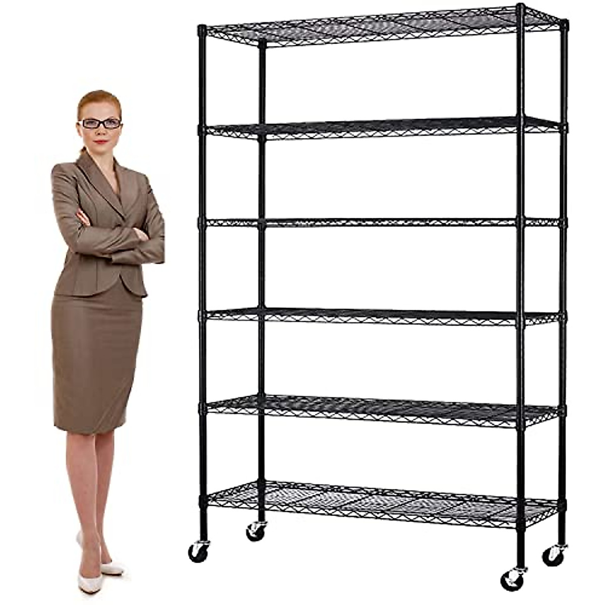 Wire Shelving Unit, Metal , with Wheels 6 Tier 2100lbs 48in L×18in W×82in H Storage Shelves Height Adjustable NSF Heavy Duty Steel Shelf Movable for Kitchen Garage Warehouse Commercial Rack, Black