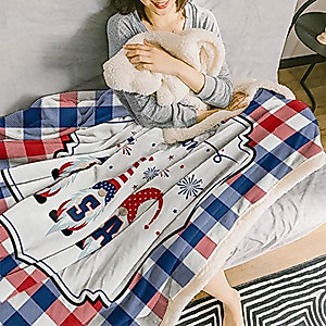 Sherpa Fleece Throw Blanket Independence Day Gnome USA Flag Reversible Warm Cozy Throws, Blue Red White Buffalo Lattice Super Soft Plush Bed TV Movie Blankets for Living Room Couch/Sofa/Travel/Office