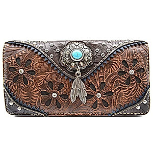 Tooled Leather Laser Cut Flower Feather Purse Studs Country Western Handbag Women Shoulder Bag Wallet Set (Coffee 2)