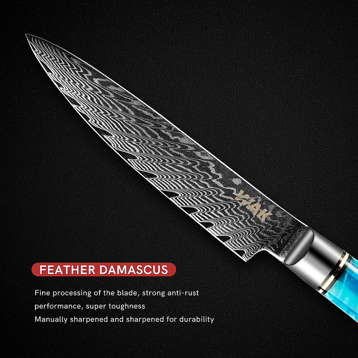 WAK Professional Sharp Kitchen Utility Knife 5 inch, High Carbon Stainless Steel Damascus Cooking Knife, Japanese Cutlery Knife with Non-stick Blade, Blue Resin Wood Ergonomic Handle