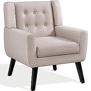 Yaheetech Accent Chair, Modern Button Tufted Armchair, Linen Fabric Sofa Chairs for Living Room Bedroom, Mid-Century Comfy Reading Chair, Beige