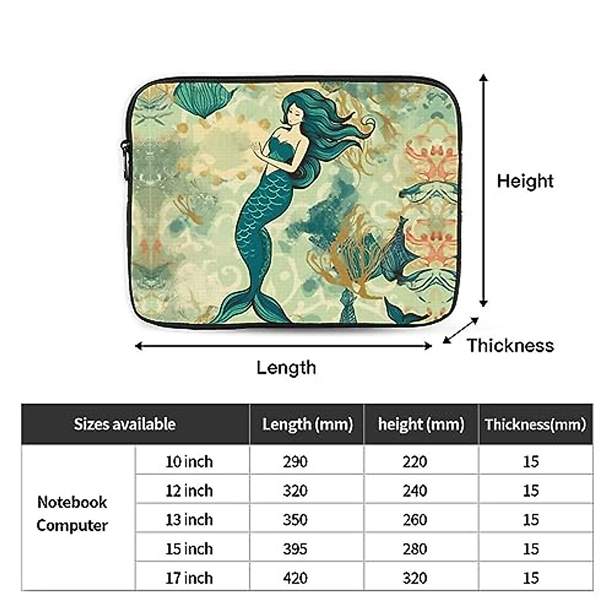 Retro Mermaid Laptop Case Laptop Sleeve Laptop Bag Shockproof Protective Notebook Case Laptop Cover 15 inch