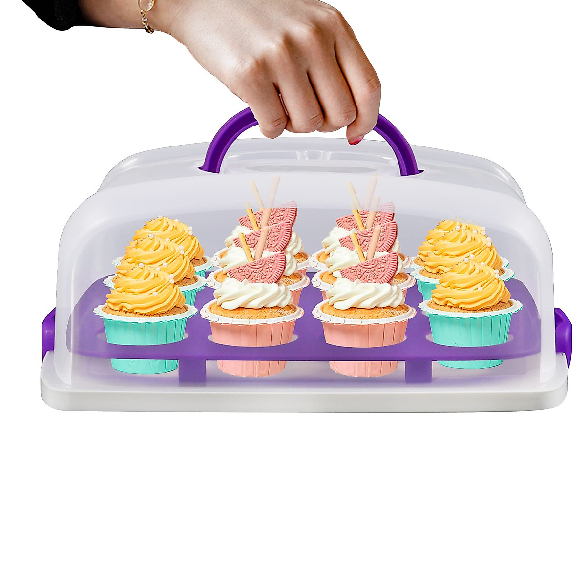 DIIRPPR 2in1 Cupcake Carrier and Cake Keeper with Lid, Rectangle Pie Carrier,Large Portable Storage Container for Storing 12 Cupcakes or 1 Large Cake (Purple)