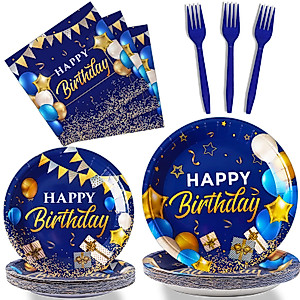 gisgfim 96 Pcs Blue and Gold Birthday Plates and Napkins Party Supplies Navy Blue Party Tableware Set Happy Birthday Decorations Favors for Men Women Birthday Baby Shower for 24 Guests