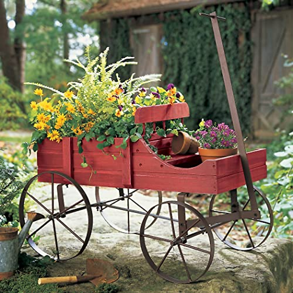 Collections Etc Amish Wagon Decorative Indoor/Outdoor Garden Backyard Planter, Red
