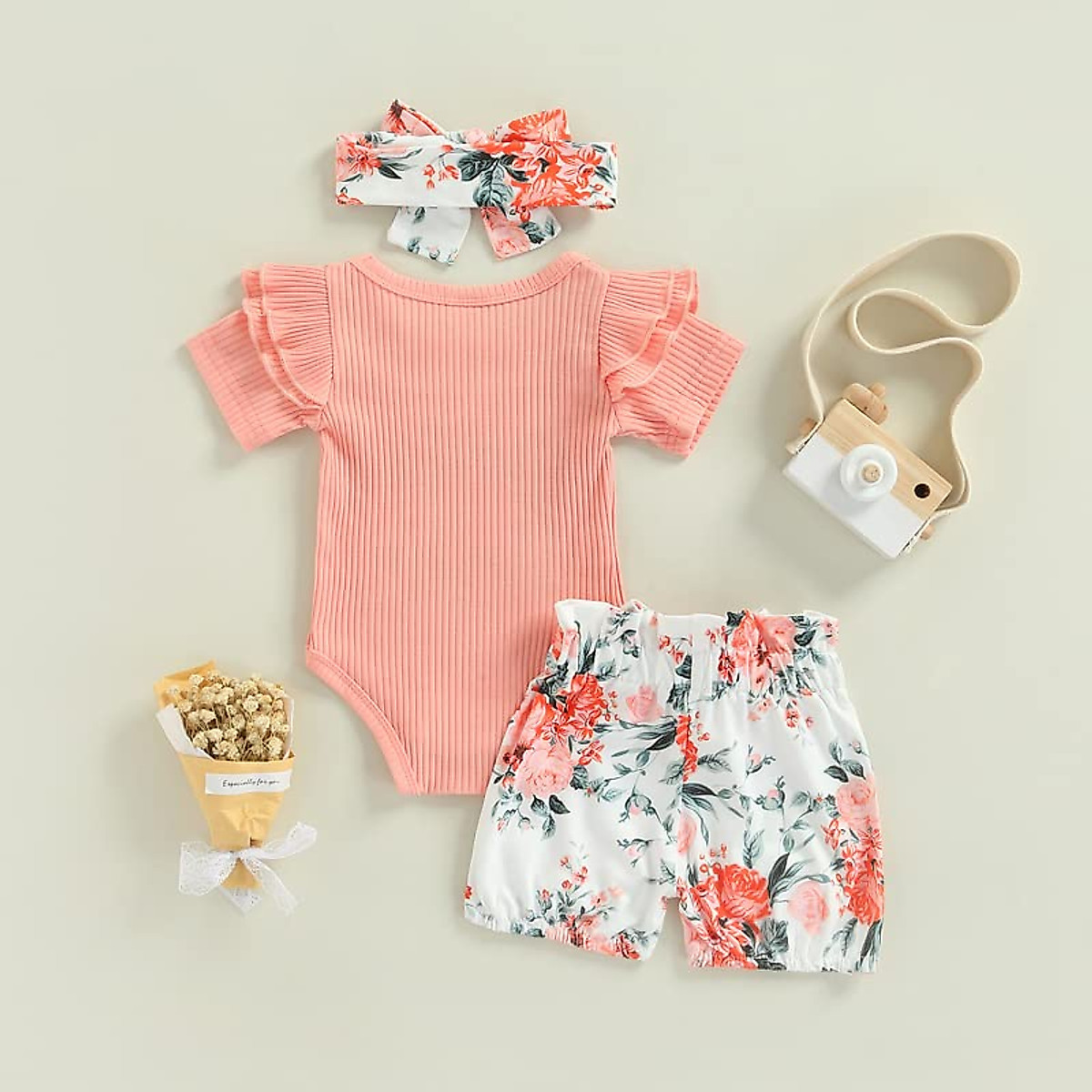 Newborn Baby Girl Auntie Outfits Auntie's Bestie Short Sleeve Ribbed Romper Floral Shorts Clothes with Headband (A-Pink, 3-6 Months)