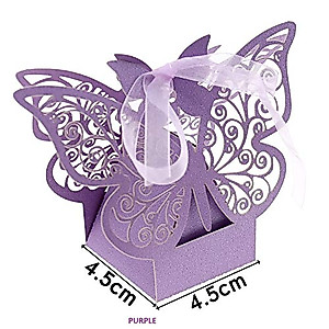 Auto-plaza 50 Pieces Butterfly Laser Cut Favor Boxes DIY Wedding Birthday Gift Candy Boxes with Ribbons (Purple)