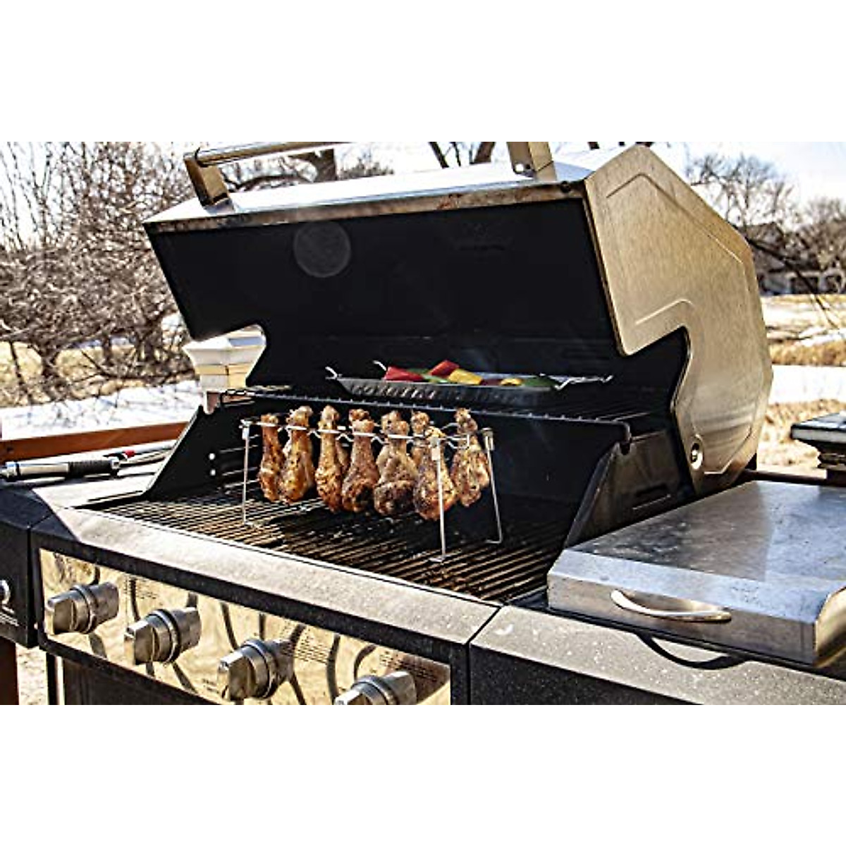 Chicken Leg Rack for Grill, Smoker or Oven; Great for Chicken Legs, Wings, or Drumsticks; Stainless Steel; Non-Toxic Drumstick Holder; Comes in a Box with Grill Drip Pan for Vegetables and Grill Tongs