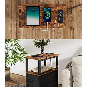 VIMBER Narrow Side Table for Small Spaces, Skinny End Table with Charging Station, Sofa Beside Table with 2 Drawers 1 Open Compartment, Slim Nightstand with USB Ports Outlet, Rustic and Brown UTBT004F