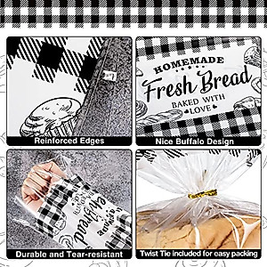 50 Pieces Bread Bags for Homemade Bread Christmas Clear Plastic Bread Bags with Twist Ties Black Buffalo Plaid Bread Bag Fresh Bread Bag for Rolls and Cookies for Home Bakers and Bakery