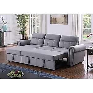 ERYE L-Shaped Oversized Reversible Convertible Tufted Sleeper Sectional Sofa with Pull Out Sleeper Couch Bed,Nailhead Decor Armrests and Storage Chaise for Living Room, Grey Velvet Sofabed