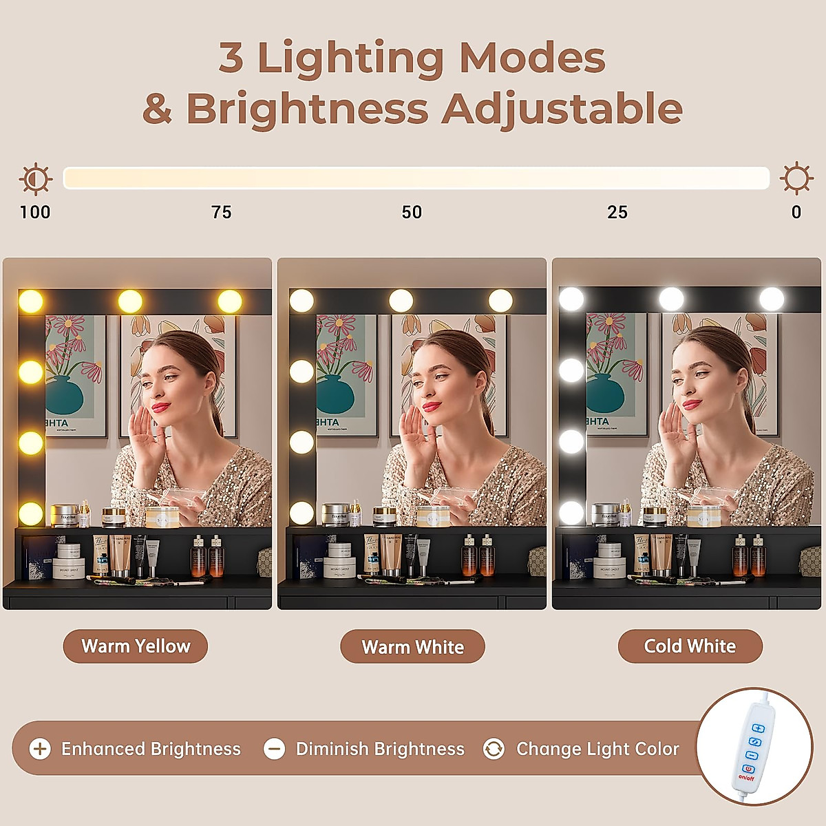 HAUOMS 63" W Vanity Desk with Mirror & Power Outlet, Makeup Vanity with 5 Drawers, 3 Storage Shelves, 1 Cabinet, Black Vanity with Lighted Mirror, Dressing Table for Bedroom,Black