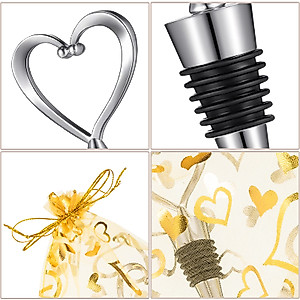 50 Pieces Heart Shaped Wine Stopper Wedding Favors for Guests Love Beverage Bottle Stopper with 50 Pieces Golden Organza Bags for Engagement Souvenir Gifts Bridal Shower Party Supplies
