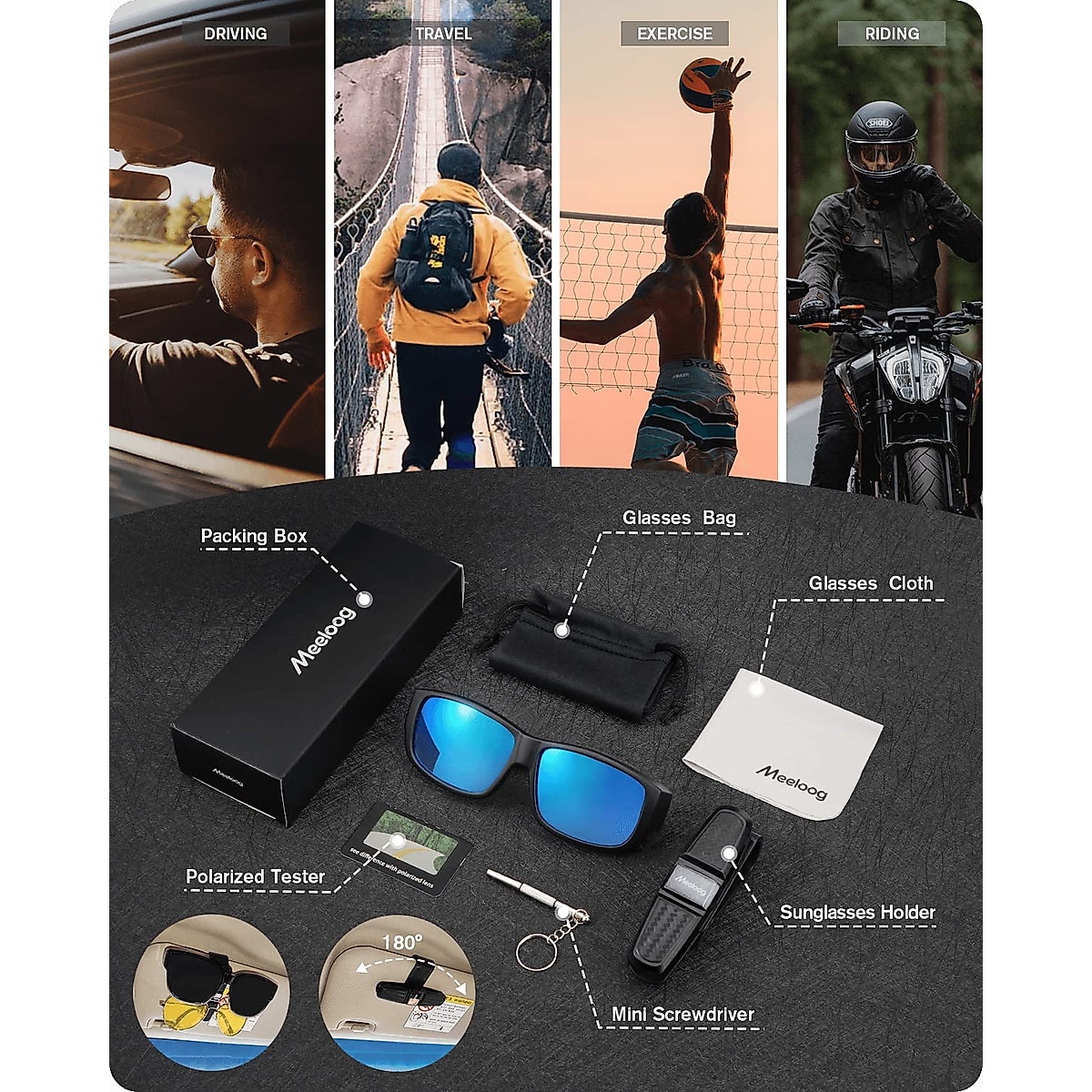 Meeloog Polarized Fit Over Glasses Sunglasses For Men, Rectangle Wrap Around Sun Glasses for Driving Riding Fishing MST0006 (P1 Black Frame/Blue Mirrored Lens)