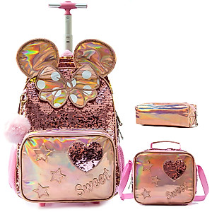 ZBAOGTW Rolling Backpack for Girls Backpack with Wheels Lunch Box and Pencil Bag Adjustable Length Sequins Wheeled Backpack for School Travel Picnic
