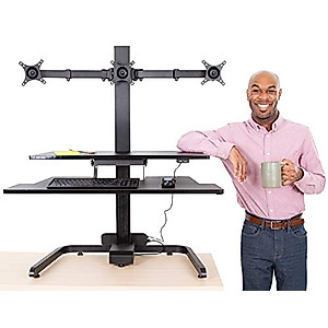 Stand Steady Techtonic Electric Standing Desk Converter wIth Triple Monitor Mount, 3 Screen Support, Quiet Sit-Stand Desk with Button Control, Keyboard Tray, Ideal for Gaming & Computer Work (Black)
