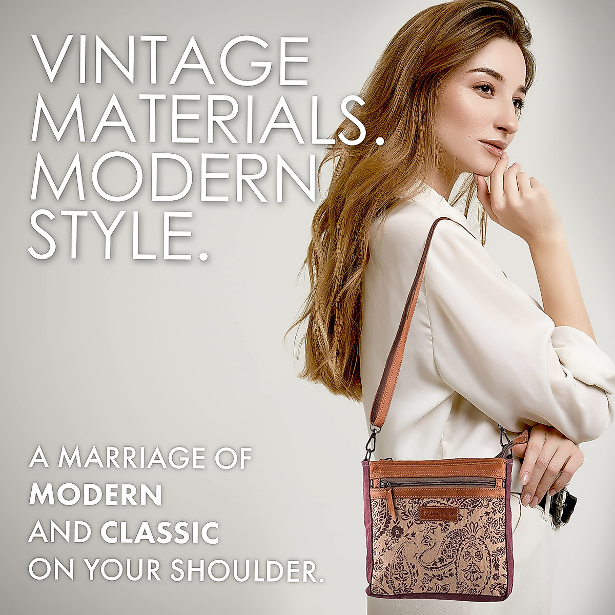 SIXTEASE Crossbody Bag for Women Vintage Style Genuine Leather, Upcycled Canvas, Rug, or Hair On - Cross Body Womens Bags with Inside Zipper Pockets - Cecellia