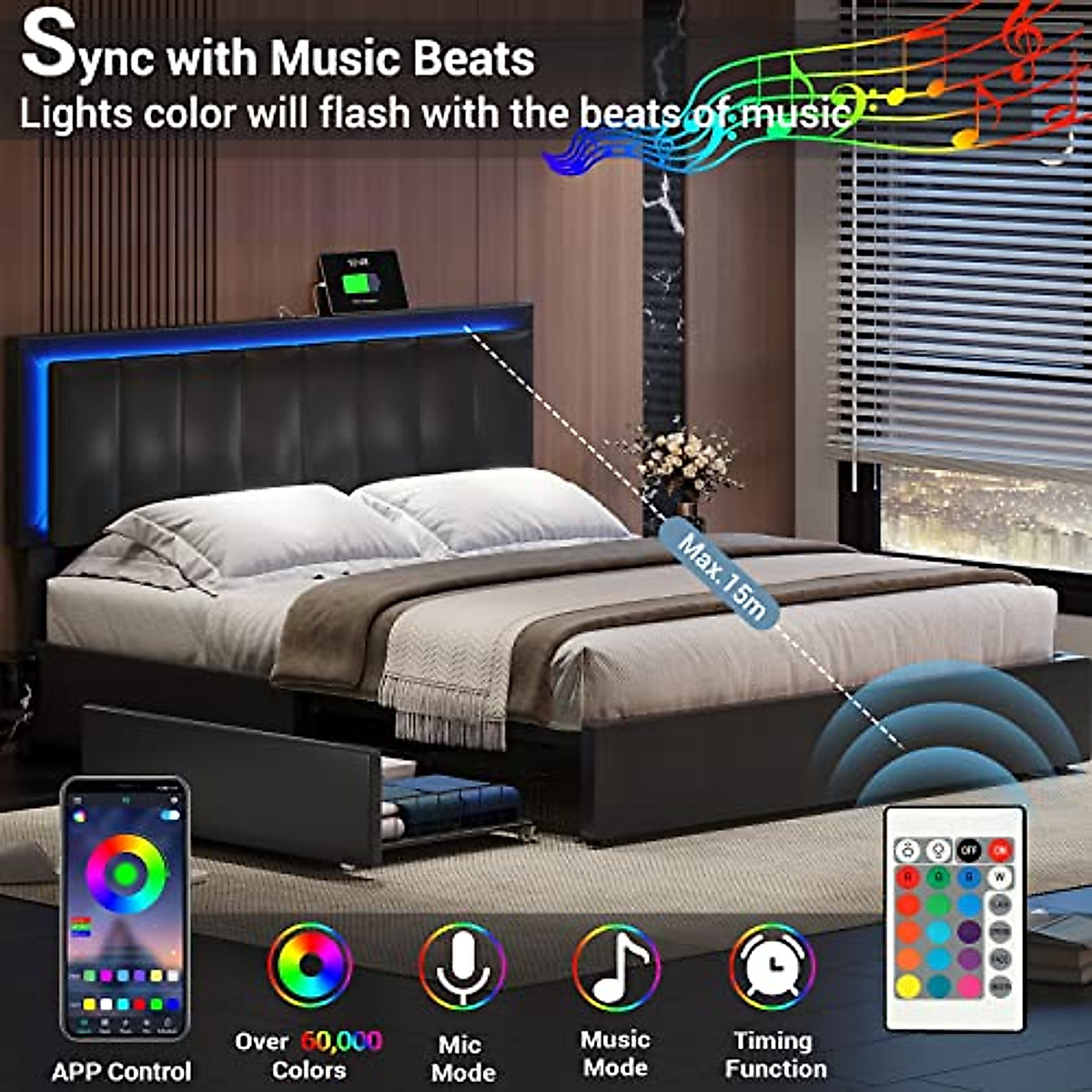 Hasuit Queen Bed Frame with 4 Storage Drawers, LED Light Queen Size Platform Bed with Charging Station, Artificial Leather Upholstered Bed with Adjustable Headboard, No Box Spring Needed