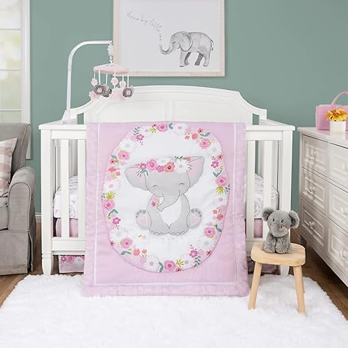 Sammy & Lou Elephant Garden 4-Piece Baby Nursery Crib Bedding Set for Girls, Includes Quilt, Fitted Crib Sheet, Crib Skirt, and Plush Toy
