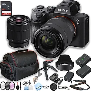 Sony a7 III Mirrorless Camera with 28-70mm Zoom Lens + 64GB Memory + Case+ Steady Grip Pod + Filters + 2X Batteries + Accessory Bundle (Renewed)