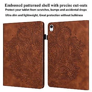 UUcovers for iPad 10th Generation Case 10.9 Inch 2022 with Pencil Holder/Pocket/Band/Embossed Floral Pattern/PU Leather/Soft TPU Wallet Folio Stand Magnetic Shockproof Cover, Brown Peacock Flower