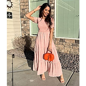 BTFBM Women Casual Short Sleeve Crew Neck Summer Dress Bohemian Floral Printed Flowy Maxi Dresses Tiered Cocktail Dress（Pink, Small