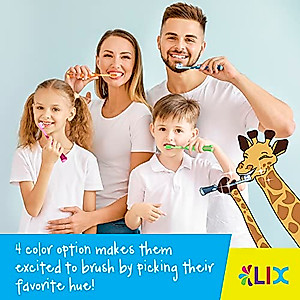 55Dental Kids Toothbrush Set of Soft Giraffe Toothbrush for Kids 3-9. Easy-Grip, Bristle Cover, Self-Standing & Splited Bottom for Cup Rim. by Lix, 4 Colors