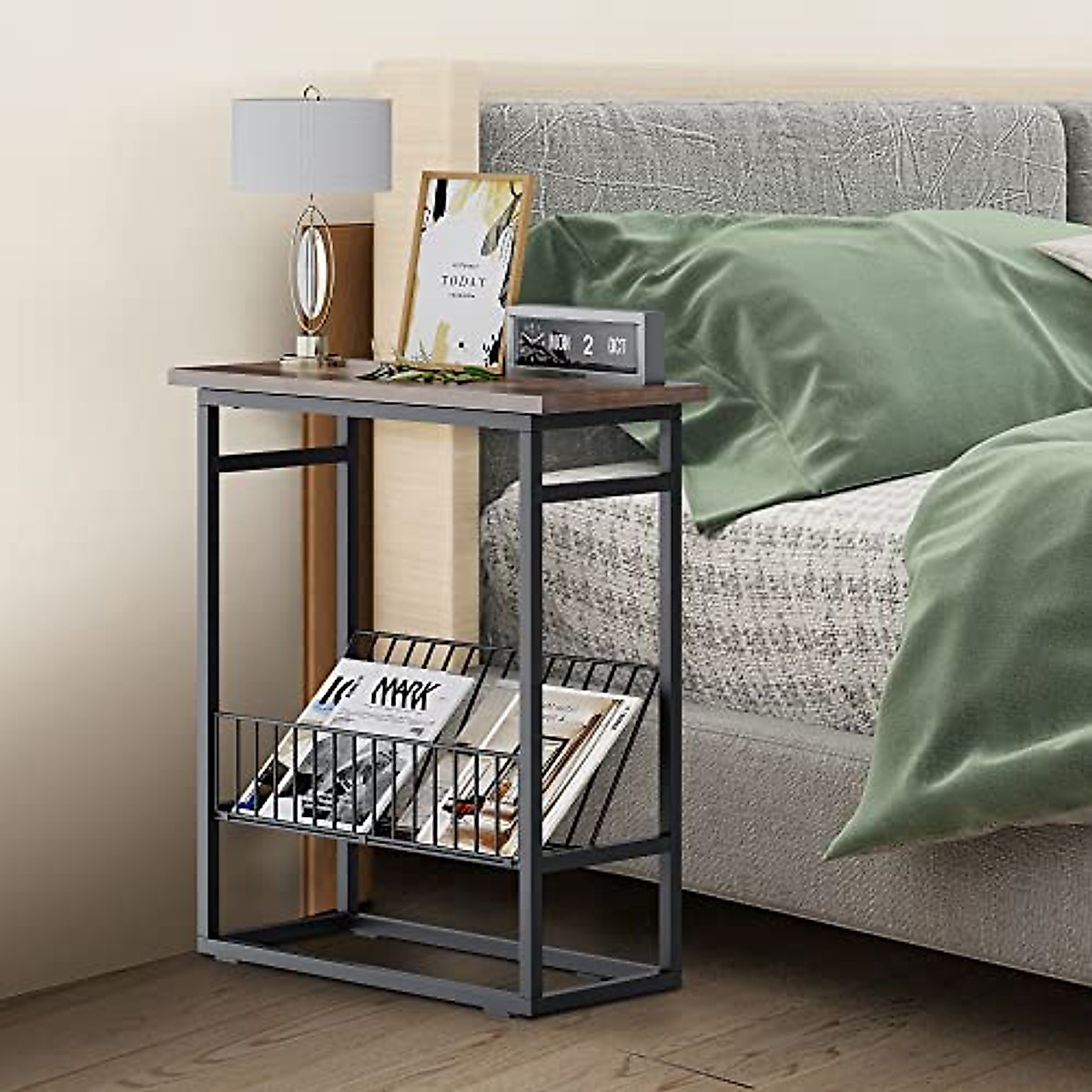 Unglehome End Table, Narrow Nightstand, Skinny Bedside Tables, Small Side Table for Small Spaces with Magazine Holder Rustic Slim Little Thin Table for Living Room, Bedroom, Sofa-Walnut