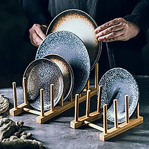 Hovico2 Pcs Bamboo Dish Rack, Kitchen Drawer Organizer, 8-Slots Bamboo Wooden Dish Rack, Book Pot Lid Cutting Board Drying Rack Stand Drainer Storage Holder Organizer