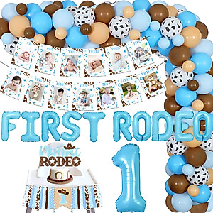 First Rodeo Birthday Party Decorations Boy Blue, Western Cowboy 1st Birthday Party Decorations - Cowboy Balloon Garland Kit with High Chair Banner, Monthly Photo Banner, My First Rodeo Cake Topper