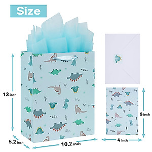 13” Large Light Blue Bag Set with Greeting Card and Tissue Paper (Dinosaur-themed Design) for Boys’, Girls', or Kids' Party, Baby Showers, Baby Girl, Baby Boy, Newborn, New Moms or Parents-10.2” x