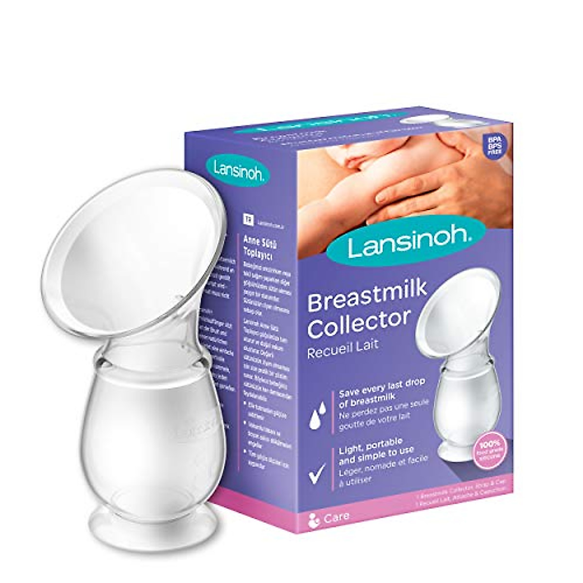 Lansinoh Breastmilk Collector Breastpump for Excess Breast Milk from Breastfeeding Mums BPA BPS Free 100% Silicone with Lid & Neck Strap, Transparent