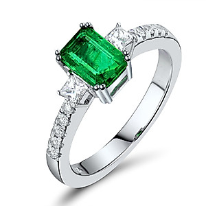 Lanmi Solid 14K White Gold Natural Green Emerald Rings Engagement Wedding Diamond Band for Women Promotion