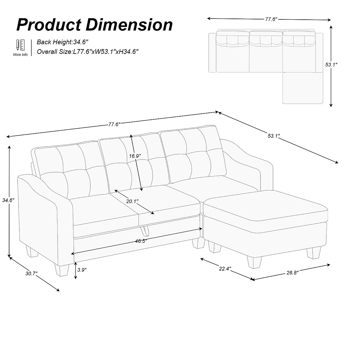 Belffin Velvet Sectional Couch with Storage, L Shaped Sofa with Chaise for Small Space, Black