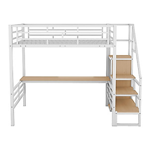 Full Size Loft Bed with Desk and Stairs Metal Loft Bed with Storage Wardrobe and Shelves, Heavy-Duty High Loft Bed for Kids Teens Adults, White